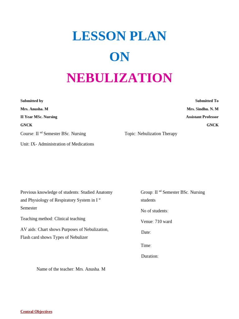 Lesson Plan of Nebulization | PDF | Pulmonology | Clinical Medicine