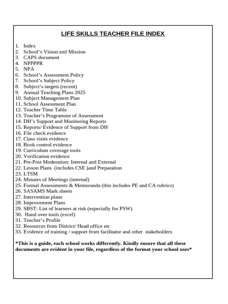Life Skills Teachers File Index | PDF