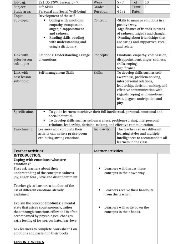 LS1 G5 PSW Lesson 5-7 | PDF | Empathy | Compassion