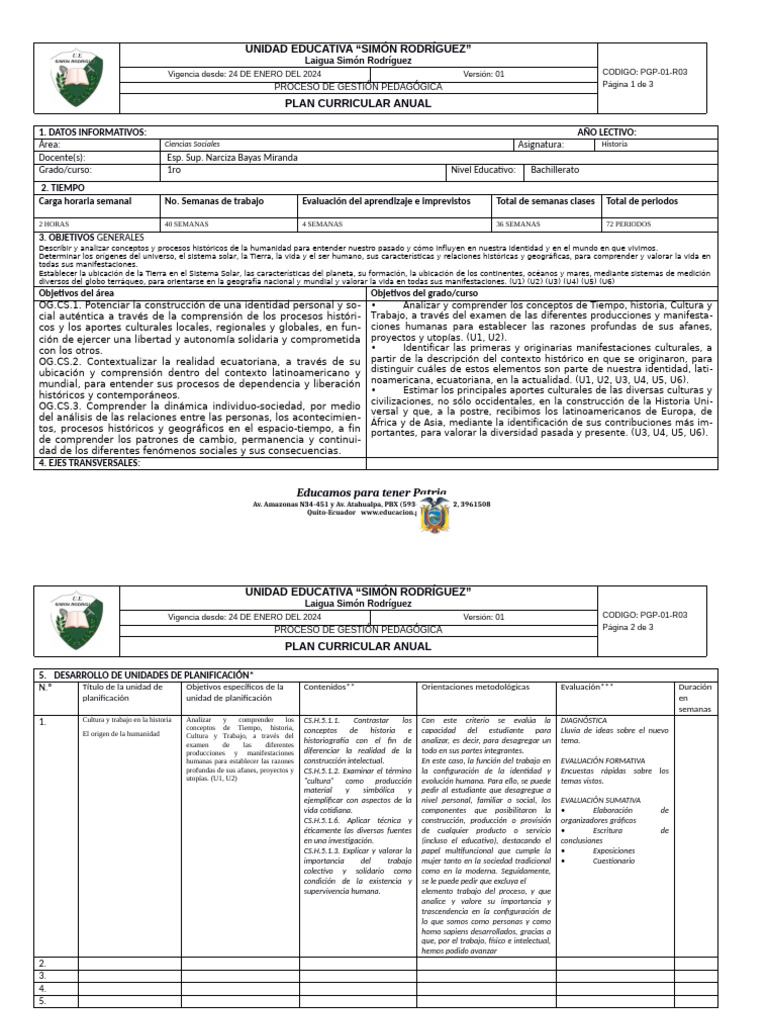 Plan Curricular de Historia 1ro Bachillerato | PDF | Planificación