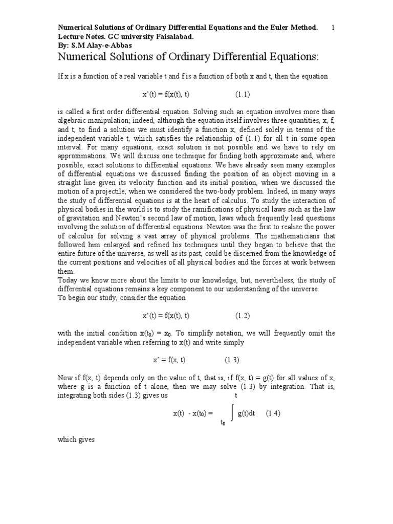 euler method notes | Differential Equations | Numerical Analysis