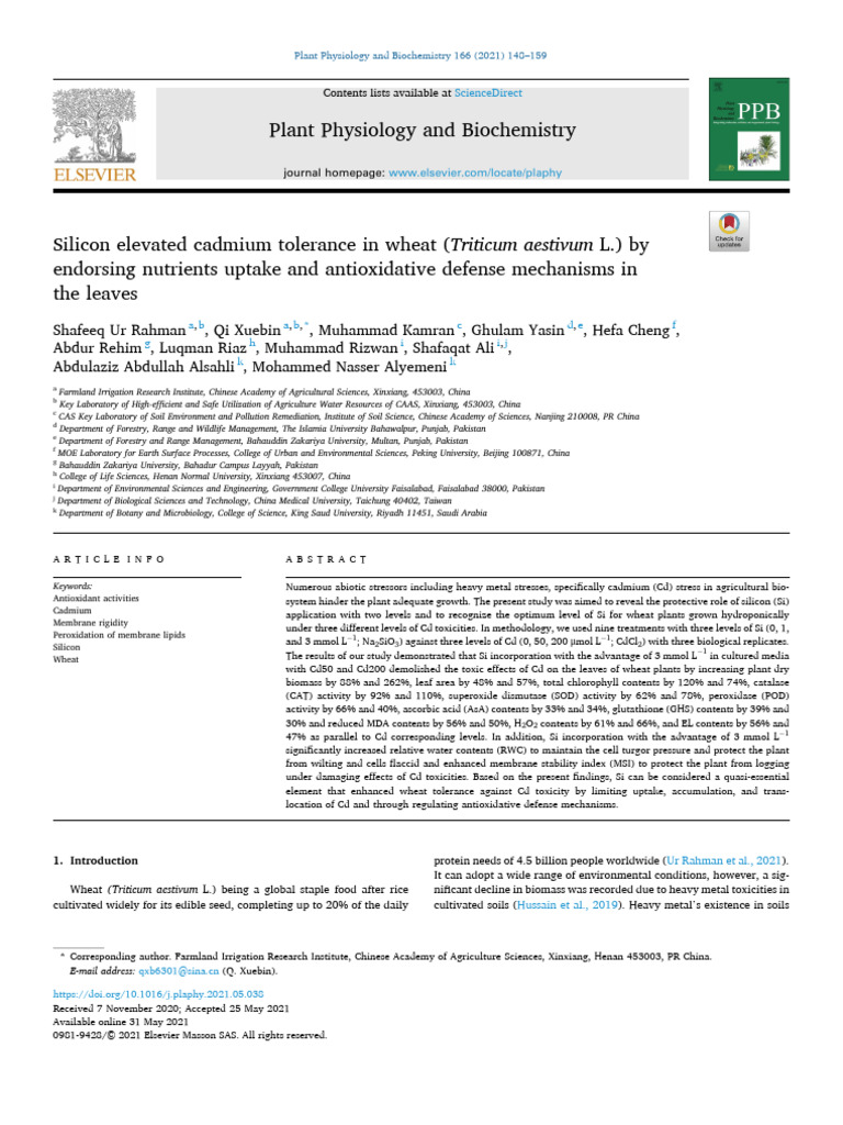 Silicon Elevated Cadmium Tolerance in Wheat Triticum Aest 2021 Plant Physio | PDF | Soil ...