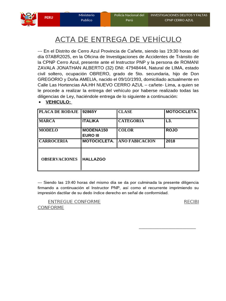 Acta de Entrega Veh | PDF | Crímenes | Crimen y violencia