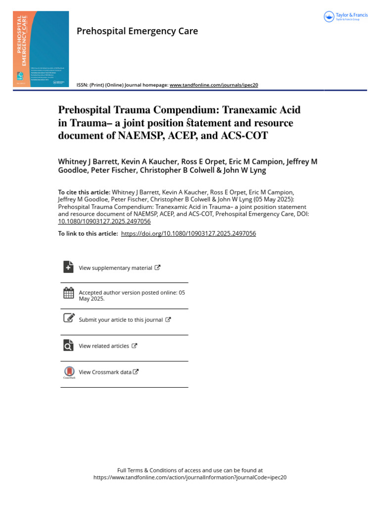 Prehospital Trauma Compendium Tranexamic Acid in Trauma a Joint ...
