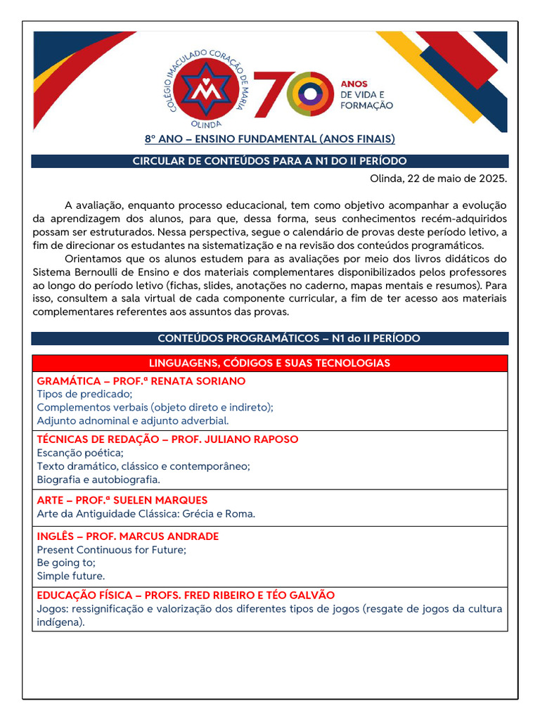 Circular de N1 - 8° ANO - II PERÍODO | PDF | Pedagogia | Science