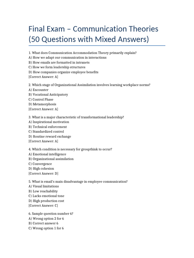 Communication Theories Exam Questions | PDF | Leadership | Social ...