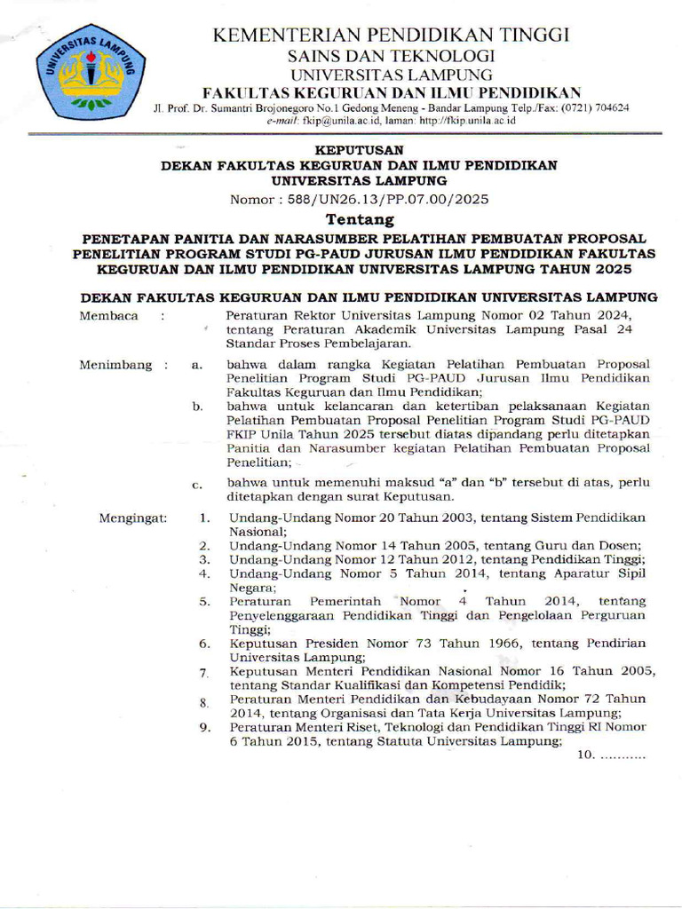 SK Panitia Pelatihan Pembuatan Proposal Penelitian-PGPAUD-2025 | PDF