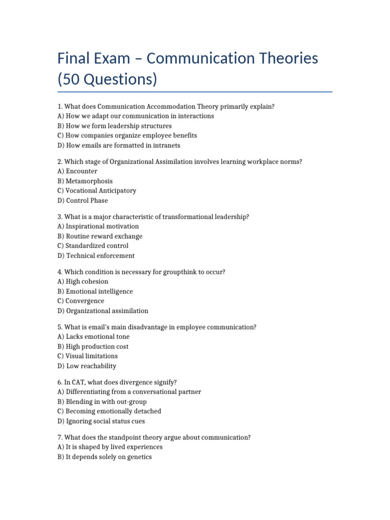 Communication Theories Final Exam Guide | PDF | Leadership | Communication