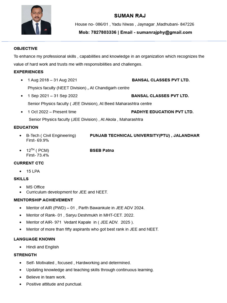 Suman Raj Resume Senior Physics Faculty | PDF