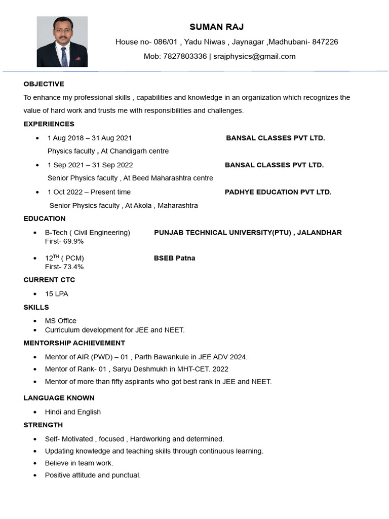 Suman Resume Senior Physics Faculty | PDF