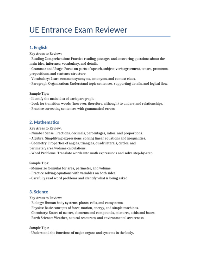 UE Entrance Exam Reviewer | PDF | Area | Mathematics
