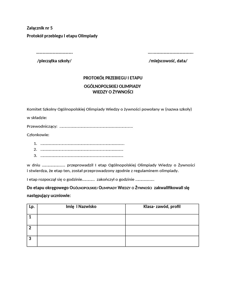 Zalacznik NR 5 Protokol Przebiegu I Etapu Olimpiady | PDF