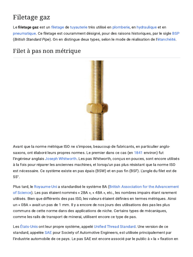 Filetage Gaz - Wikipédia | PDF | Ingénierie mécanique | Métallurgie