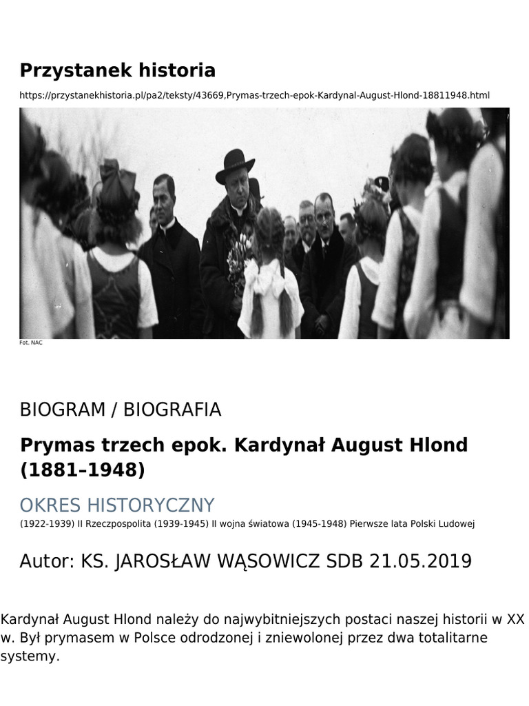Prymas Trzech Epok Kardynal August Hlond 18811948 | PDF