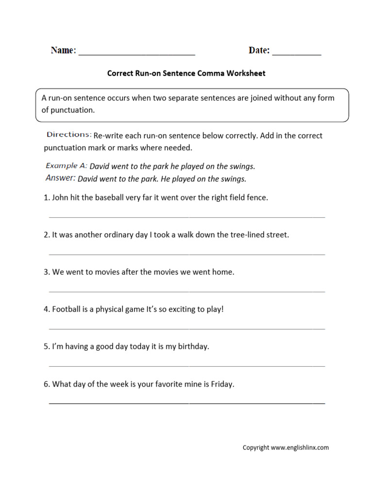 Correct Run On Sentence Comma Worksheet | PDF