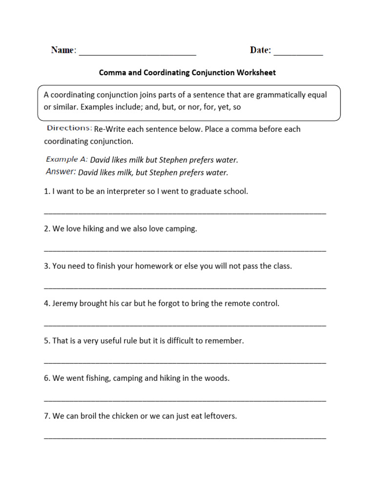 Comma and Coordinating Conjunction Worksheet | PDF