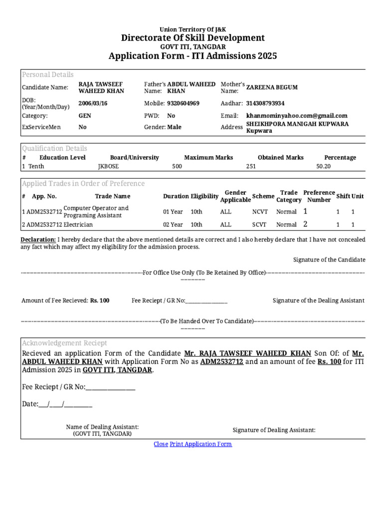 Print Application Form - ITI Admissions J&K | PDF
