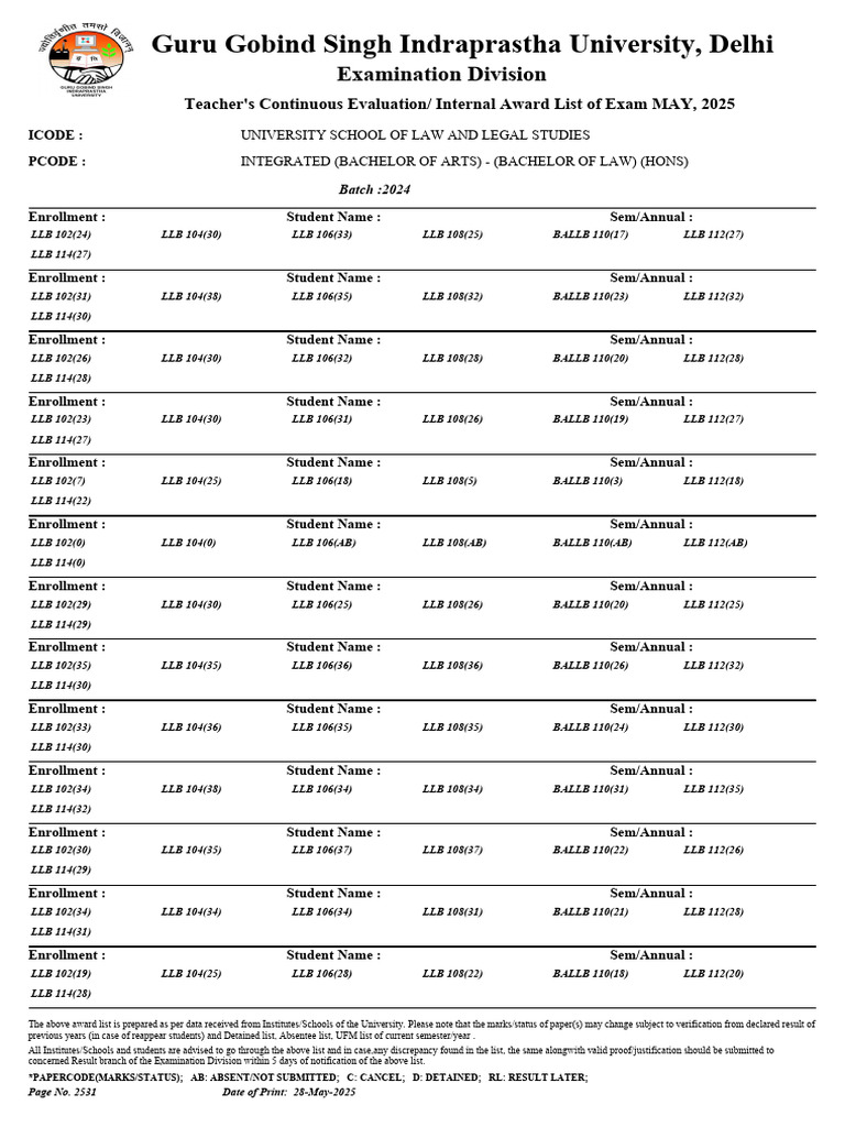 Second Semester Internal Marks | PDF | Legal Education | Justice