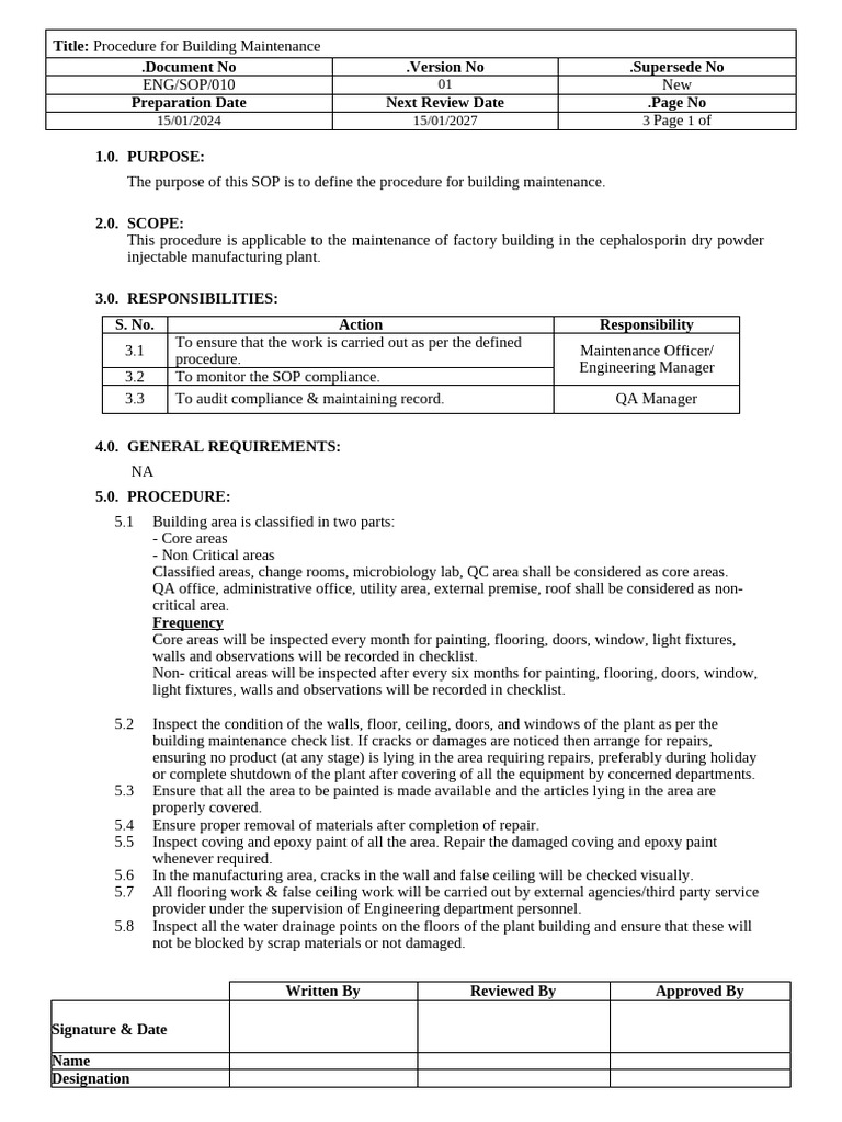 SOP For Building Maintenance | PDF | Door