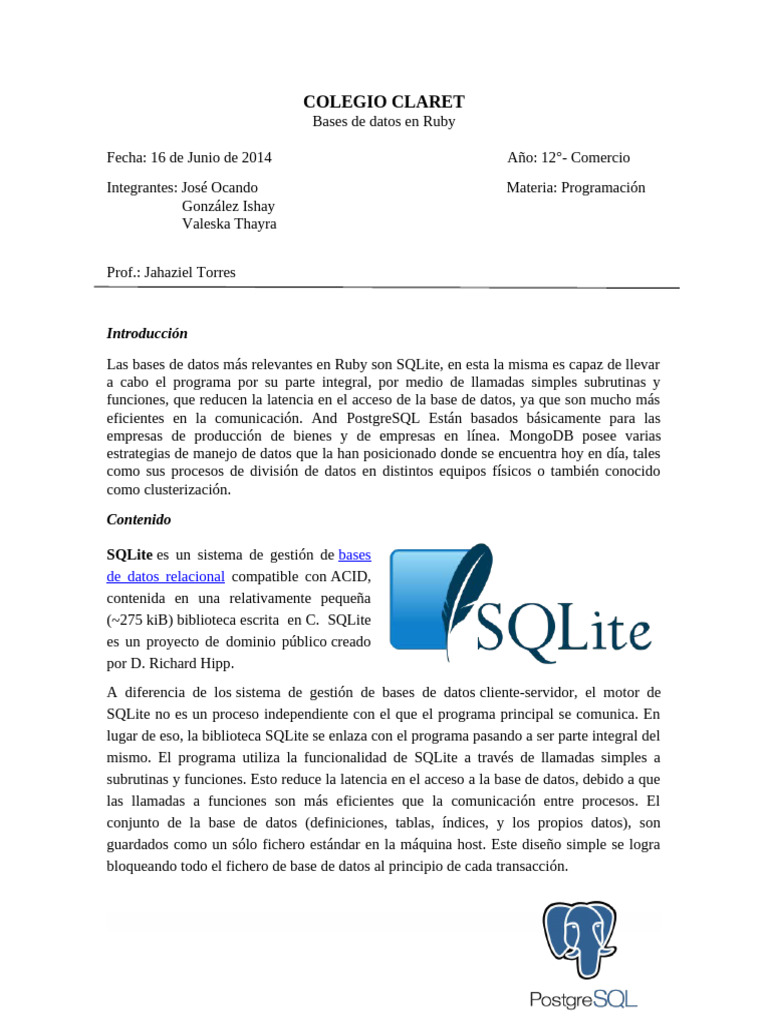 Bases de Datos de Ruby | PDF | Bases de datos | Postgre Sql