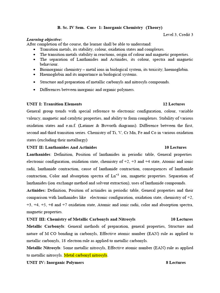 BSc-IV Inorg Chem Syll-2024F | PDF | Lanthanide | Coordination Complex