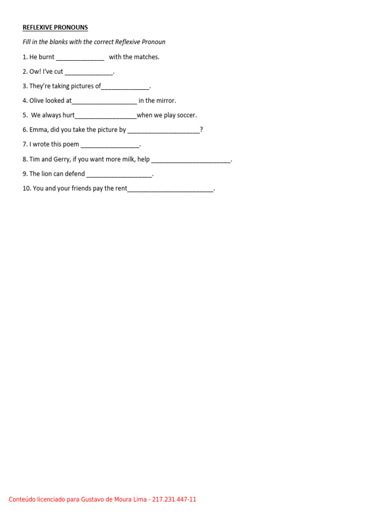 Reflexive Pronouns Fill-in-the-Blank Quiz | PDF
