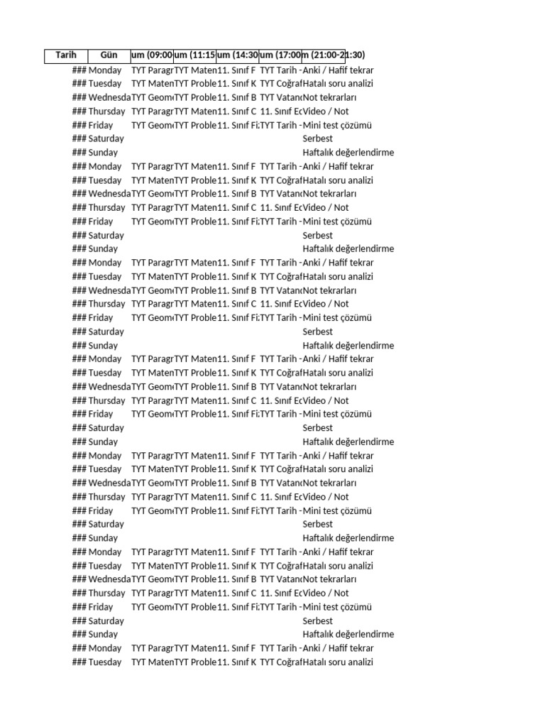 Yaz Tatili Gunluk Program-1 | PDF