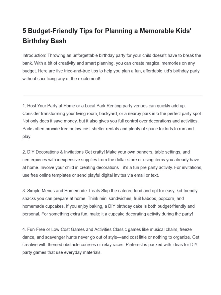 5 Budget-Friendly Tips For Planning A Memorable Kids' Birthday Bash | PDF