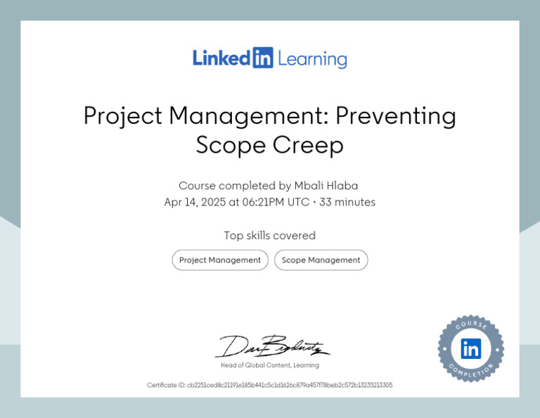 CertificateOfCompletion - Project Management Preventing Scope Creep | PDF