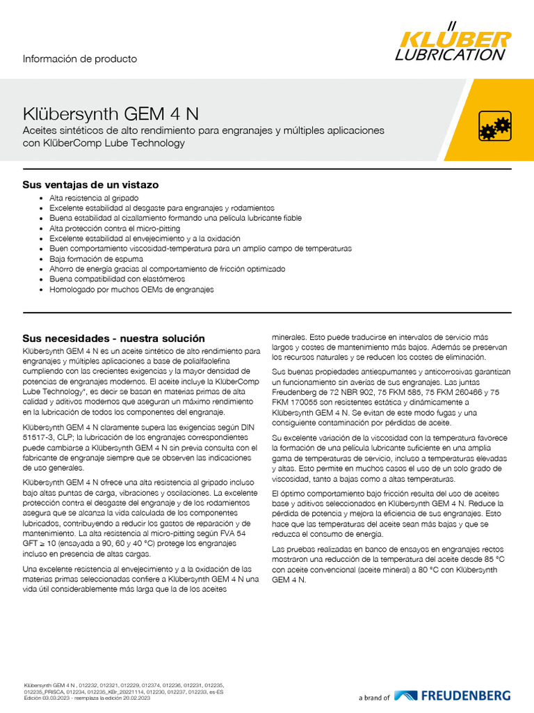Aceite Kluber - Data Sheet | PDF | Lubricante | Engranaje
