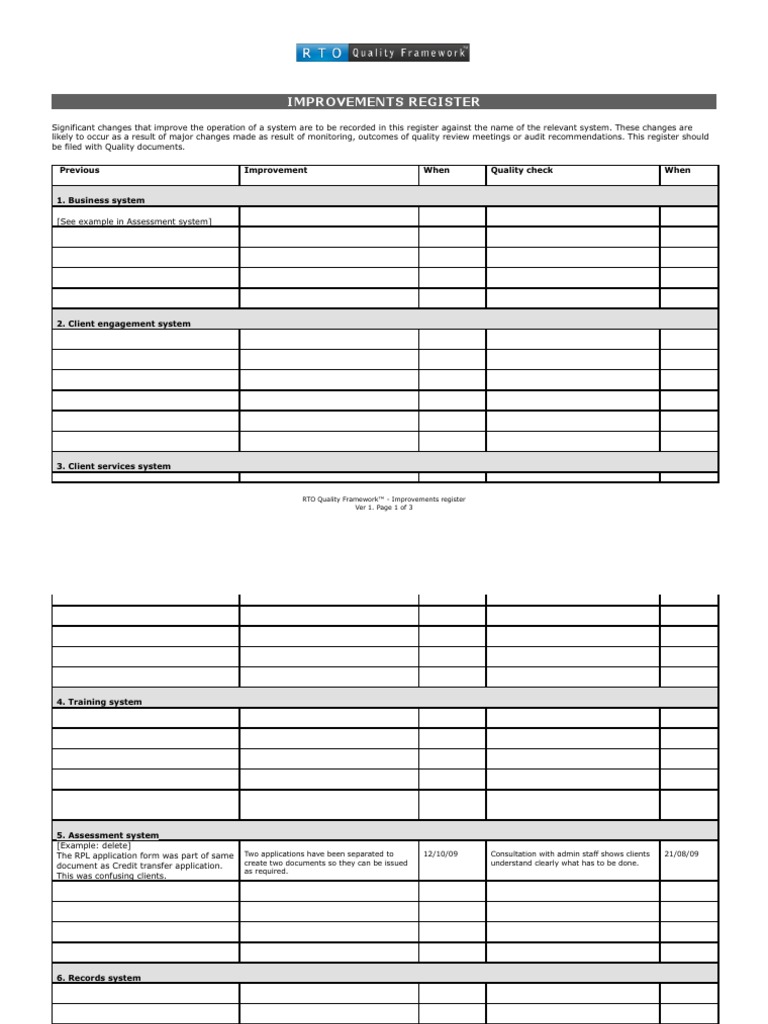 Improvements Register: Improvement When Quality Check When | PDF ...