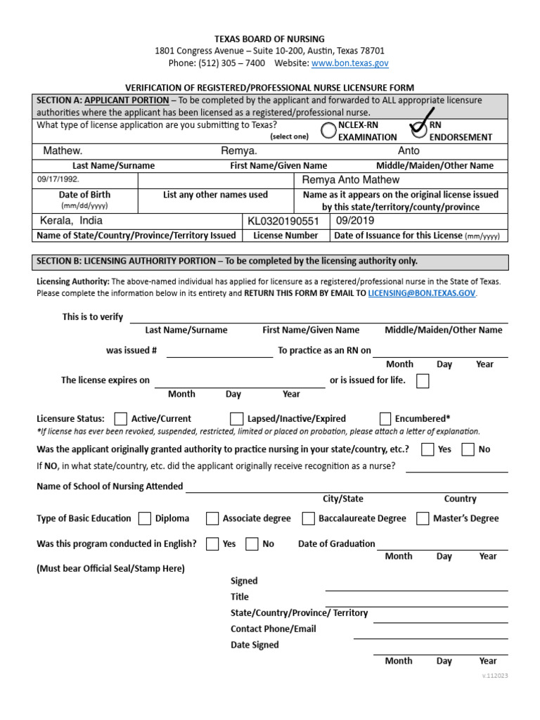 Texas Nursing License Verification Form | PDF