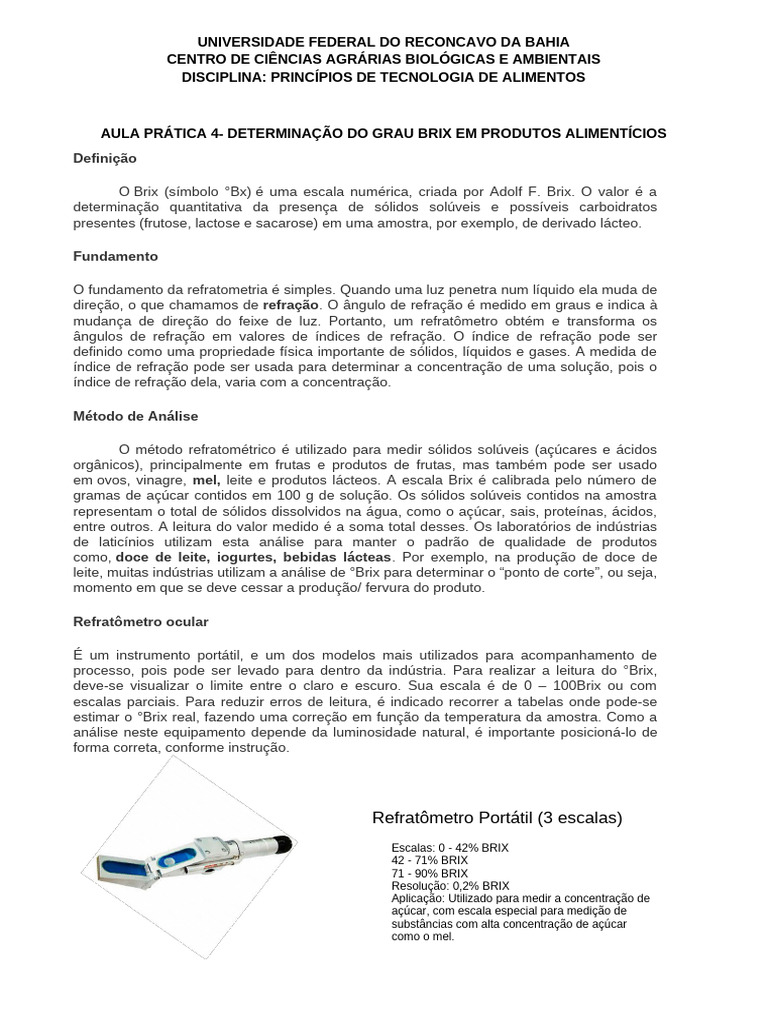 Aula Prática 6 Medida de Grau Brix | PDF | Refração | Lacticínios