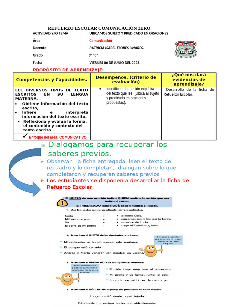 REFUERZO ESCOLAR COMUNICACIÓN 3ERO Sujeto y Predicado | PDF ...