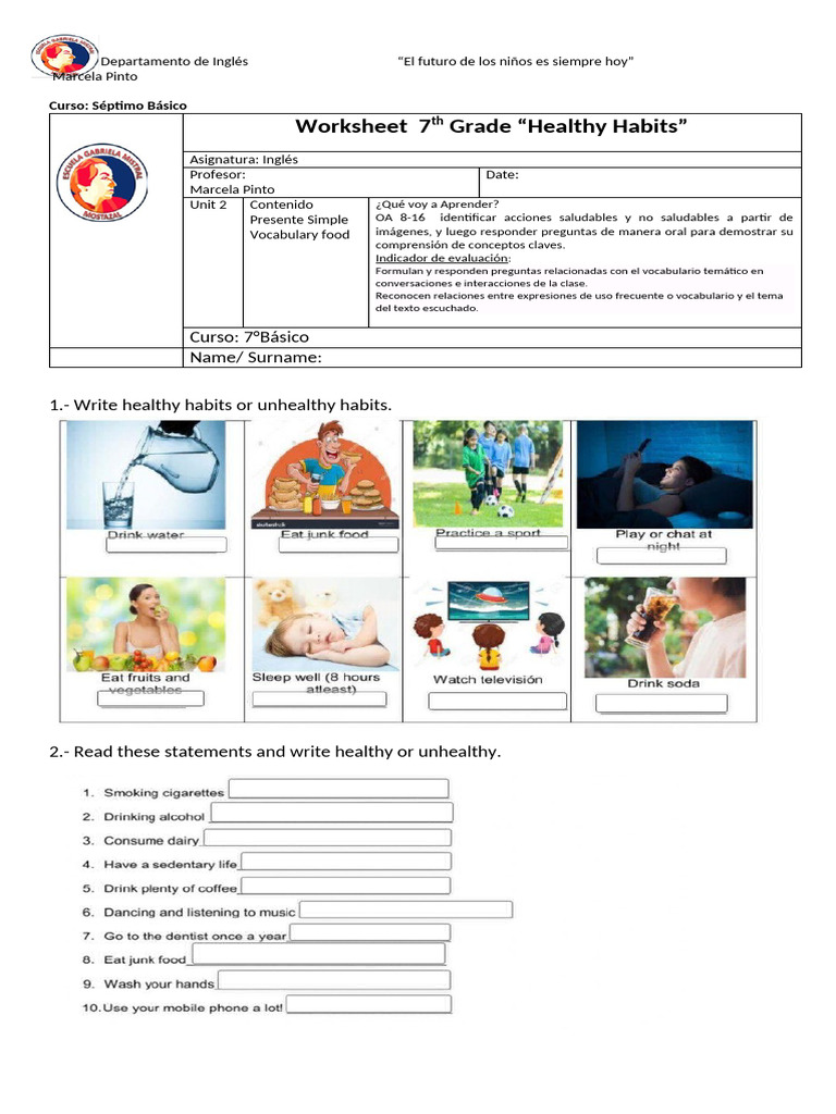 Worksheet 7° Grade Healthy Habits | PDF