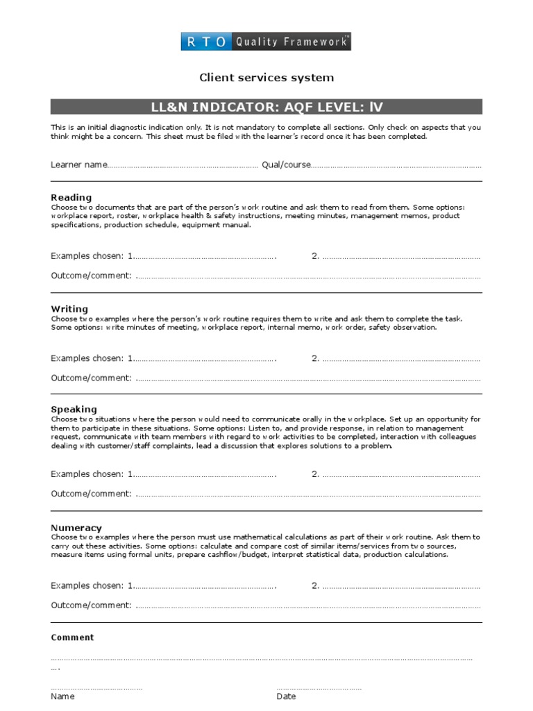 LLN Indicator Aqf Level LV Template | PDF | Communication | Cognition