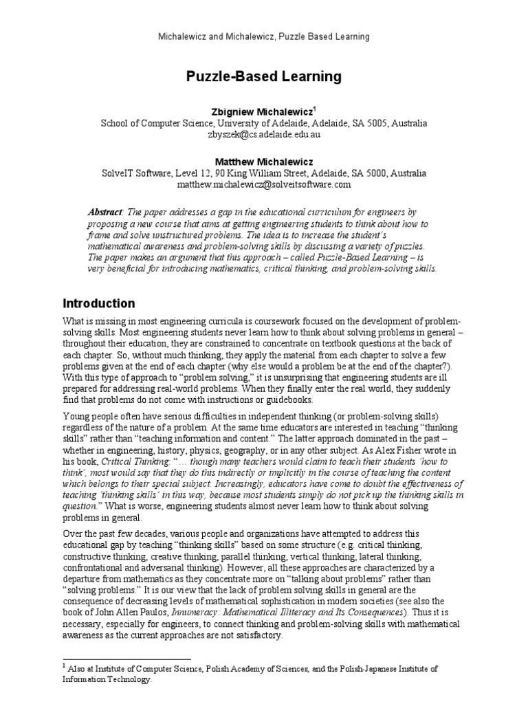 Michalewicz and Michalewicz Puzzle Based Learning | PDF | Project Based ...