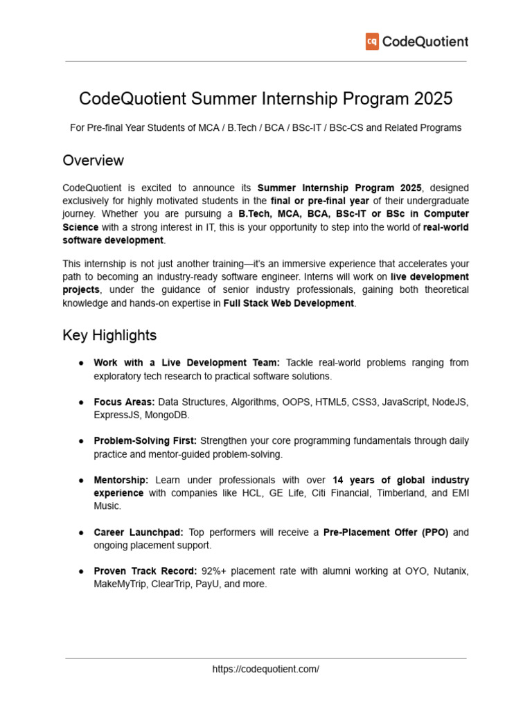CodeQuotient Summer Internship Program 2025 | PDF | Mentorship | Computer Programming