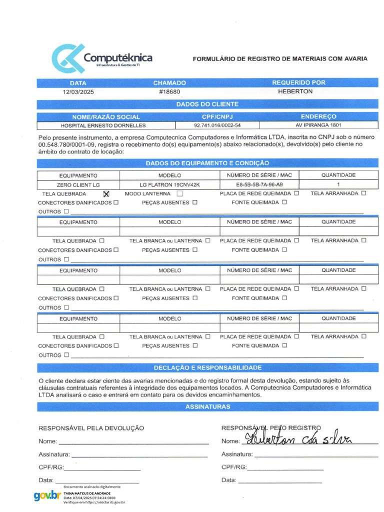 Formulario de Avaria Hed 18680 Assinado | PDF