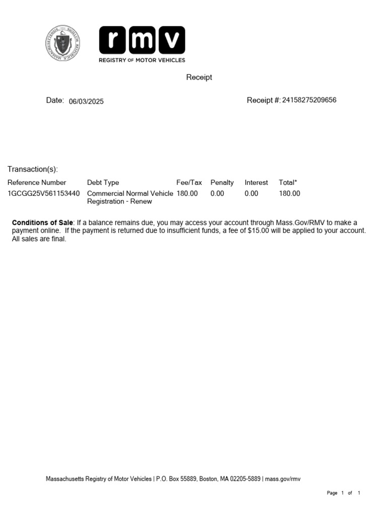 RMV Fee Receipt | PDF