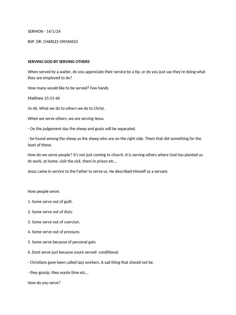 Sermon - 14th Jan 2024 Serving God by Serving Others | PDF