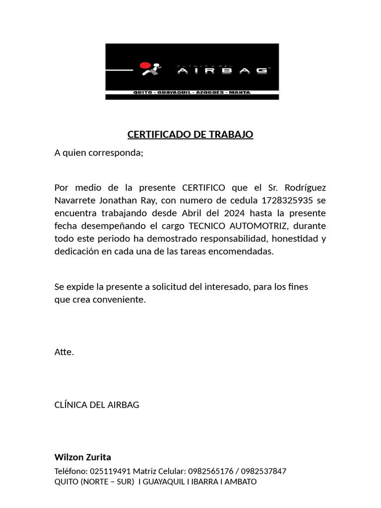 Certificado de Trabajo Jonathan | PDF