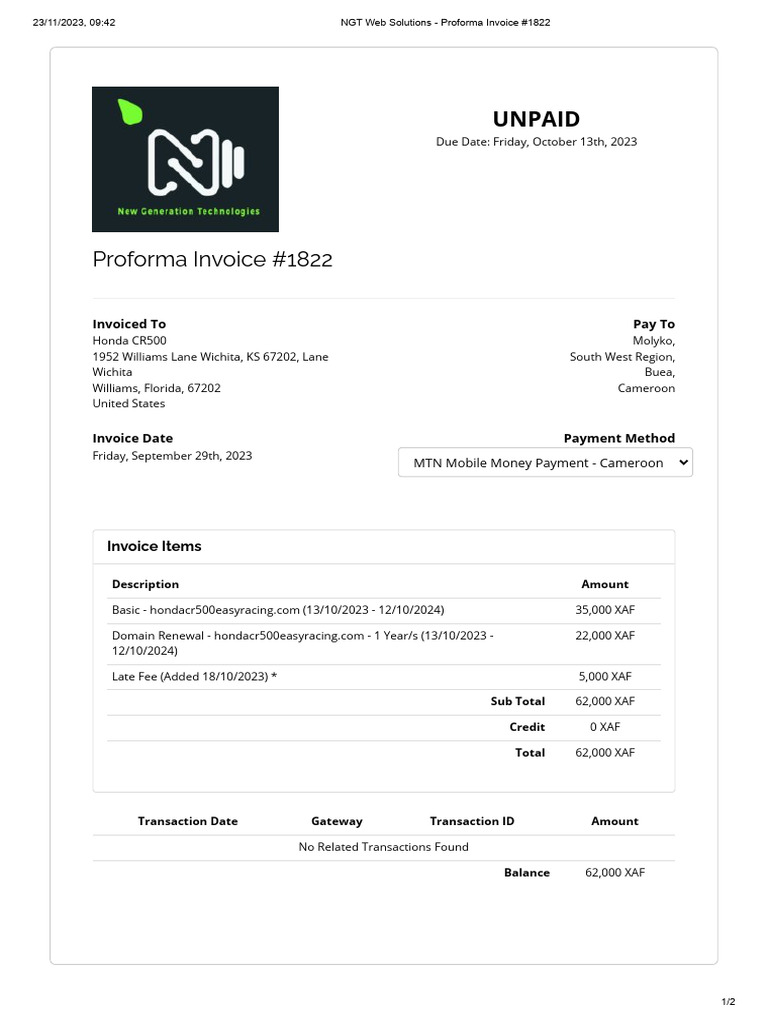 NGT Web Solutions - Proforma Invoice #1822 | PDF | Service Industries | Financial Services