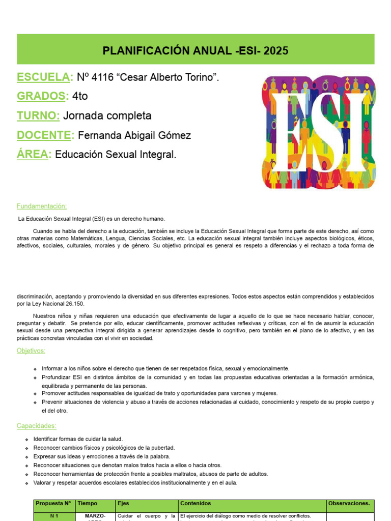 Planificación ESI 2025 para 4to Grado | PDF | Educación sexual | Evaluación