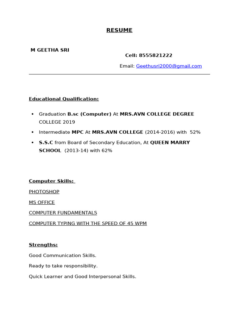 Resume Mammula Geetha Sri | PDF