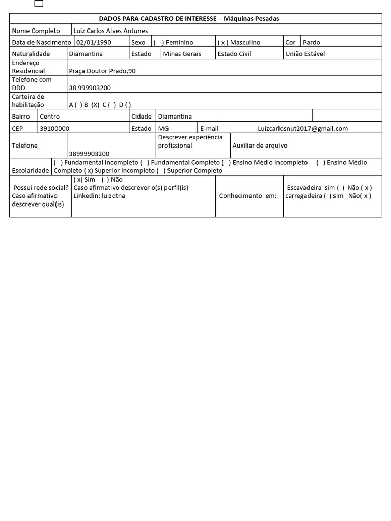 Ficha Cadastro Luiz | PDF