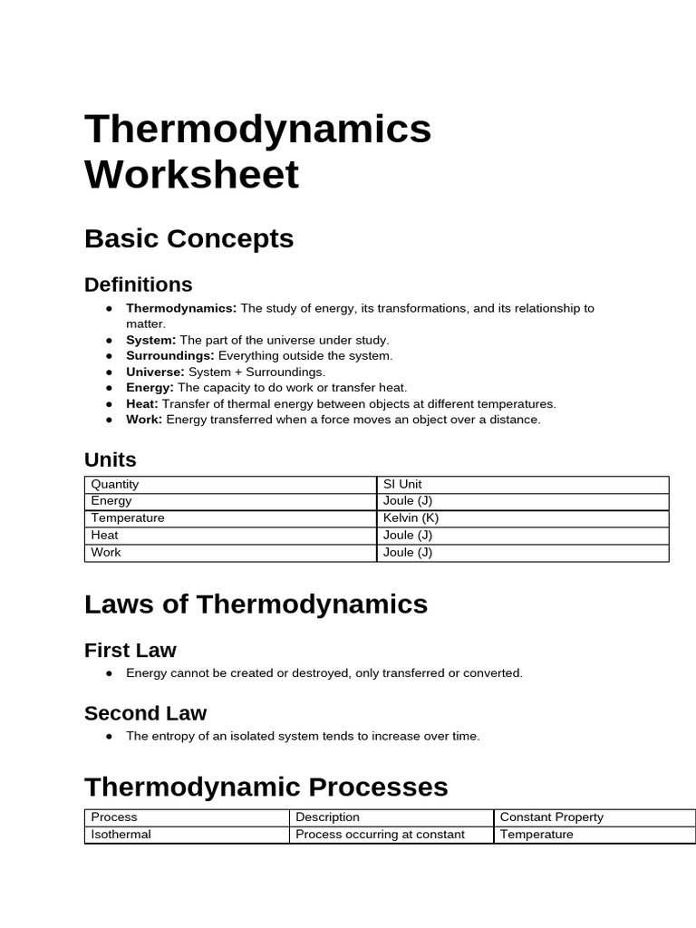 Thermodynamics Worksheet | PDF | Heat | Temperature