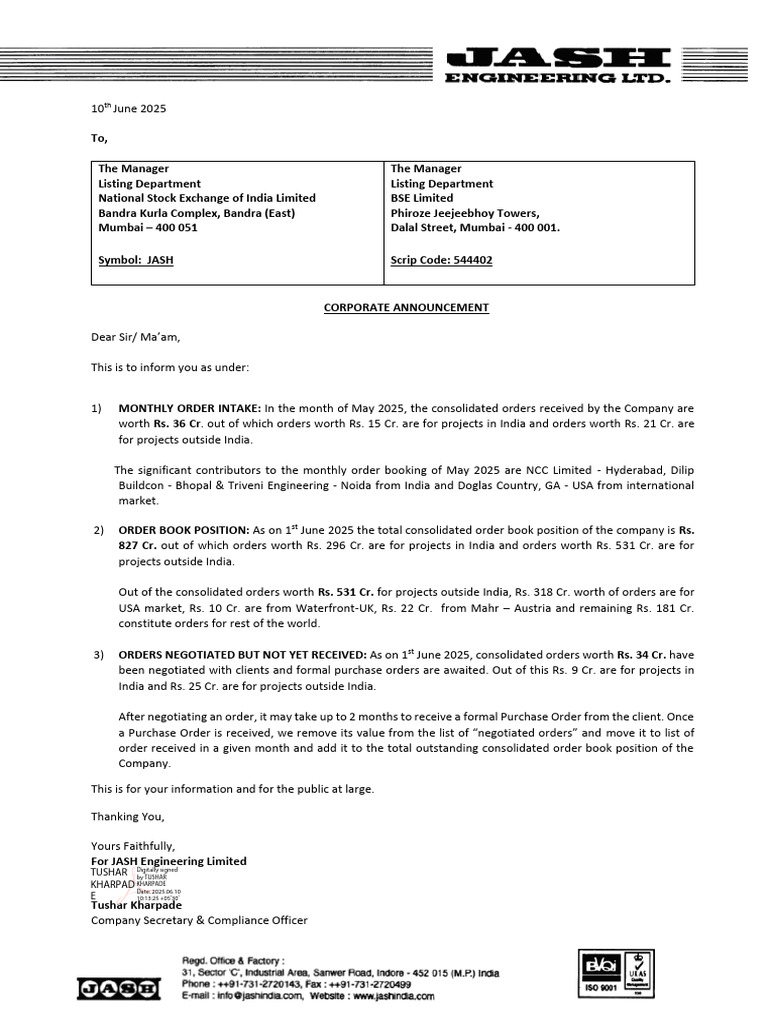 JASH_Order Book update_May 2025 | PDF | Knowledge Economy