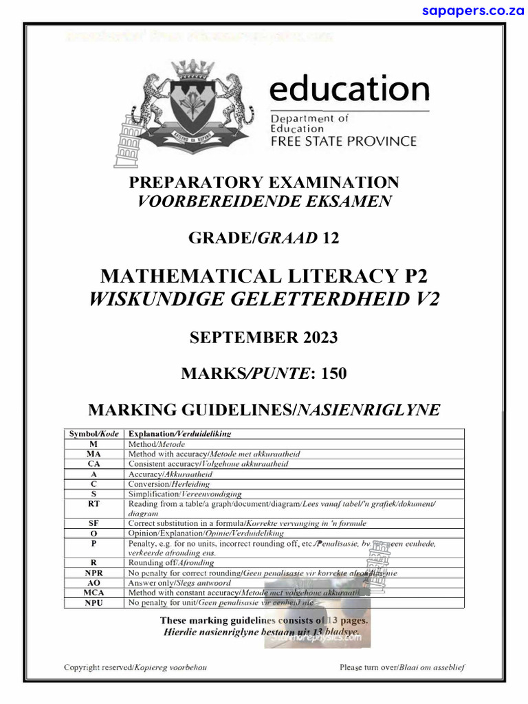 Math Lit 2023 FS Prelim P2 Memo | PDF