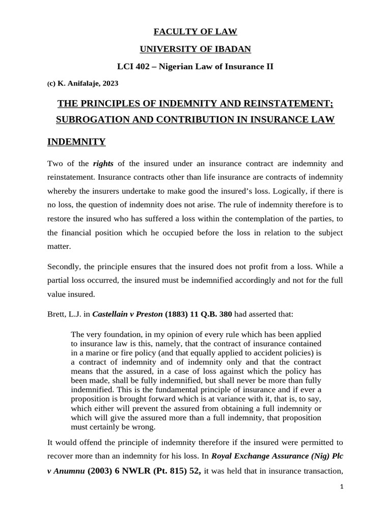 Subrogation and Contribution in Insurance | PDF | Insurance | Indemnity